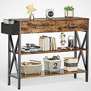Gizoon 39" Console Table with 2 drawers, Industrial Entryway Table with 3 Tier Storage Shelves, Narrow Sofa Table for Entry Way, Hallway, Couch, Living Room, Kitchen, Rustic Brown