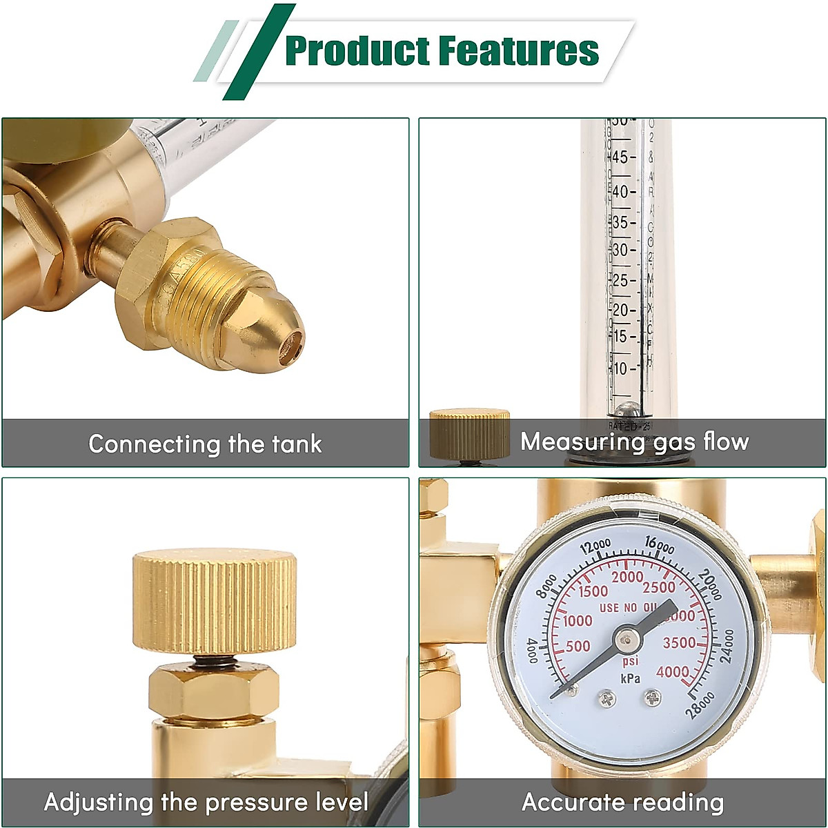 ATPEAM CO2 Argon Regulator TIG Welder MIG Welding CO2 Flowmeter 10 to 50 CFH - 0 to 4000 psi Pressure Gauge with 6.5 Foot Hose CGA580 Inlet Connection Gas Welder Welding Regulator