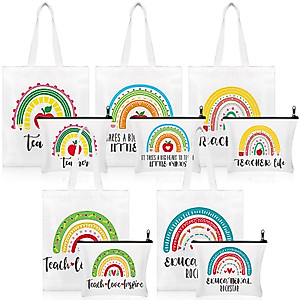 Amylove 10 Pcs Teacher Gift Bags Set Teacher Graduation Appreciation Gifts for Women Christmas Gift 5 Teacher Rainbow Canvas Totes Bag 5 Teacher Makeup Cosmetic Bags