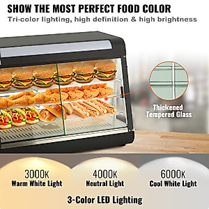 VEVOR Commercial Food Warmer Display, 3 Tiers, 1800W Pizza Warmer w/ 3D Heating 3-Color Lighting Bottom Fan, Countertop Pastry Warmer w/Temp Knob Display 0.6L Water Tray, Stainless Frame Glass Doors…