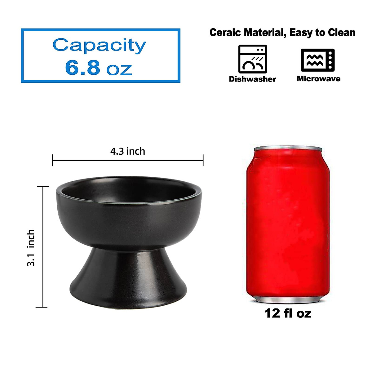 KITCHENLESTAR Small Ceramic Cat Bowls, Elevated Food or Water Bowls, Stress Free, Backflow Prevention, Suitable for Small Pets，Dishwasher and Microwave Safe (Black)