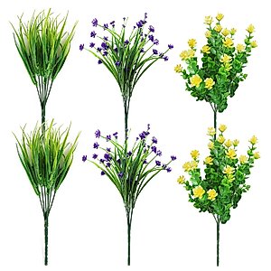 6 Bundles Artificial Flowers Fake Flowers for Home Outdoor Decoration, UV Resistant Faux Greenery Shrubs Plants for Hanging Garden Wedding Porch Window Box Décor, 3 Colors(Yellow, Purple, Green)