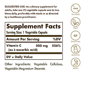 Solgar Vitamin C 500 mg, 100 Vegetable Capsules - Antioxidant & Immune Support - Overall Health - Supports Healthy Skin & Joints - Non GMO, Vegan, Gluten Free, Kosher - 100 Servings
