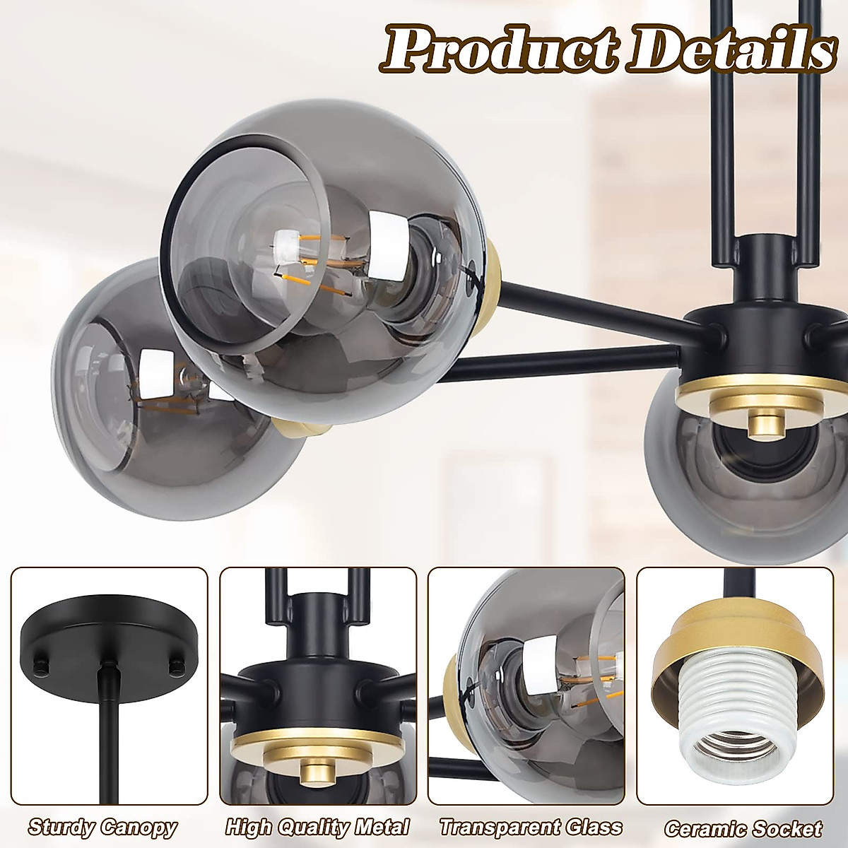 5-Light Globe Chandelier Pendant Lighting - Modern Large Semi-Flush Ceiling Light Fixture with Smoked Glass, Black Dining Room Light Fixture, Sputnik Light Fixture for Kitchen Living Room Bedroom