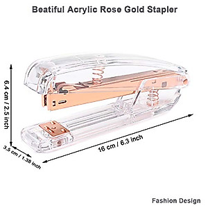 Rose Gold Desk Accessory Kit - Set of Acrylic Desktop Stapler, Staple Remover, Tape Dispenser, Staples and 10 Pieces Blinder Clips for Home School Office Supplies Stationery Desk Supplies