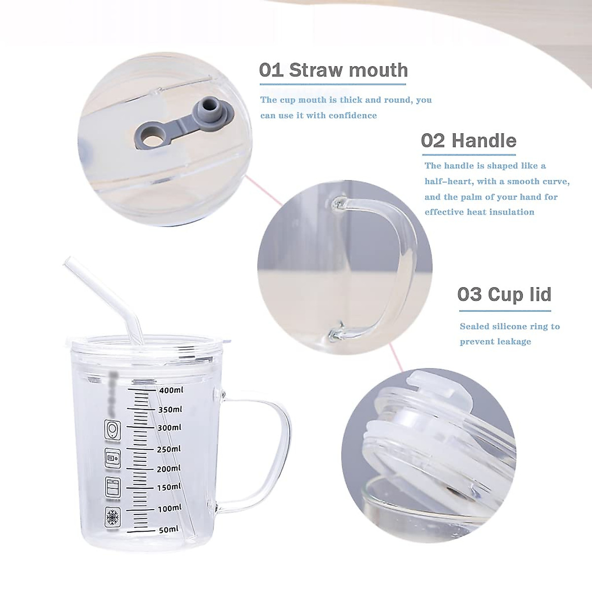 ZRAGEK Straw Cup Glass Mug with Straw and Spoon, Breakfast Scale Coffee Cup, Thickened High Borosilicate Glass Cup, 17.6oz Large Capacity, Microwave Safe(Black,17.6Oz)