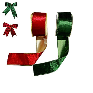 2 Rolls Christmas Velvet Ribbon 2.5 Inches Width Vintage Wide Wired Edge Wrapping Ribbon for Christmas Gift Wrapping, Bow Making（Green,Red）