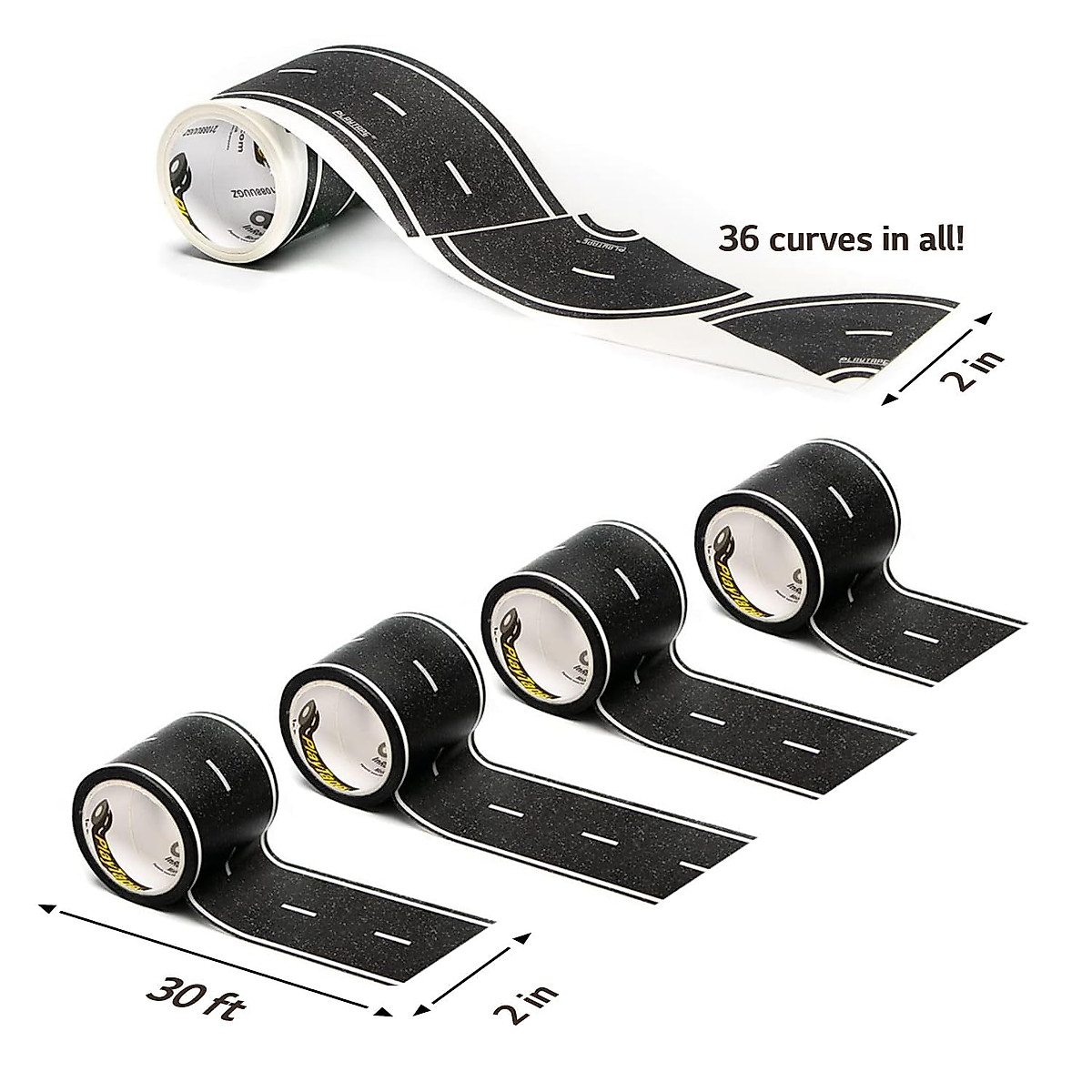 PlayTape Road Tape and Curves for Toy Cars - 4 Rolls of 30 ft. x 2 in. Asphalt Road + 1 Roll of 36 Curves