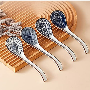 Ceramic Soup Spoons Sets of 4,Asian Soup Spoons,Long Ramen spoons,Japanese soup spoons for Pho,Wonton,Noodles,Chinese Ceramic Rice Spoons,4Pcs