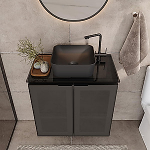 COZIMAX Umbu Combo Black Steel Bathroom Vanity Set 24" with Tempered Glass Countertop and Door, Black Square Ceramic Sink