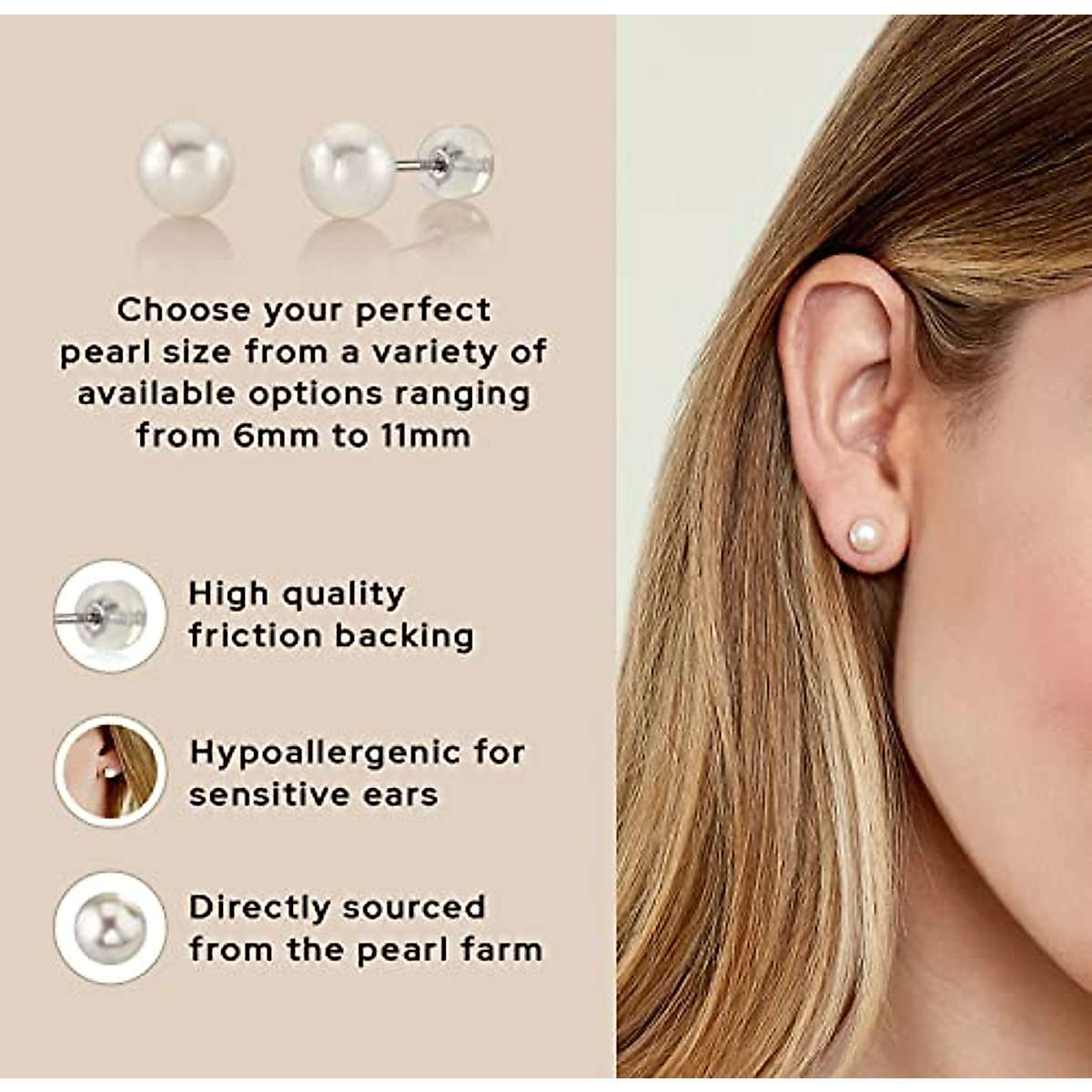 THE PEARL SOURCE Round White Freshwater Real Pearl Earrings for Women - 14k Gold Stud Earrings | Hypoallergenic Earrings with Genuine Cultured Pearls, 7.0-7.5mm