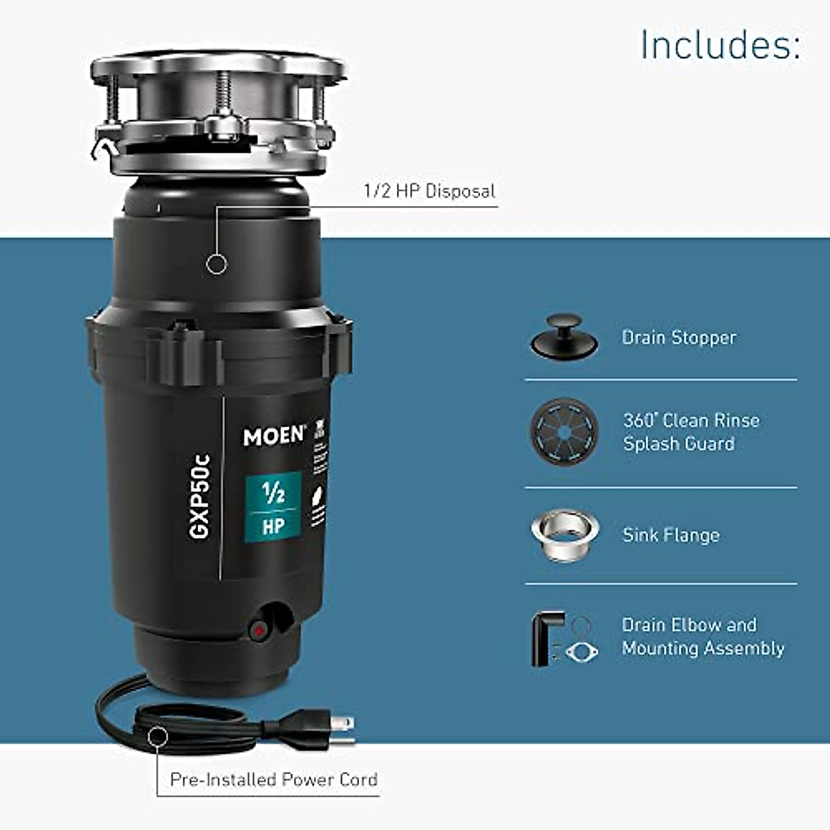 Moen GXP50C Prep Series PRO 1/2 HP Continuous Feed Garbage Disposal, Power Cord Included