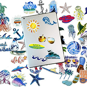 Beach Stickers 50pcs, Blue Surfing Waves Fresh Lively Turtle Laptop Water Bottle Decals Cartoon Vitality Aesthetic Sticker Pack for Teen Girl (Beach Surfing)