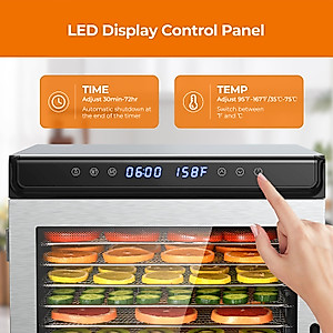 YASHE Food Dehydrator Machine, 12 Stainless Steel Food Dryer, 72H Timer and Temperature Control (95°F-167°F), 1300W Dehydrators for Food and Jerky, Herbs, Fruit, Dog Treats, Recipes Book Included