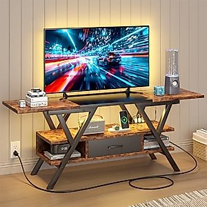 Yusong 65 inch LED TV Stand, Entertainment Center Gaming TV Table with Outlets, Up to 65" Media Console for Living Room, 29+DIY Dynamic RGB Modes, Rustic Brown and Black