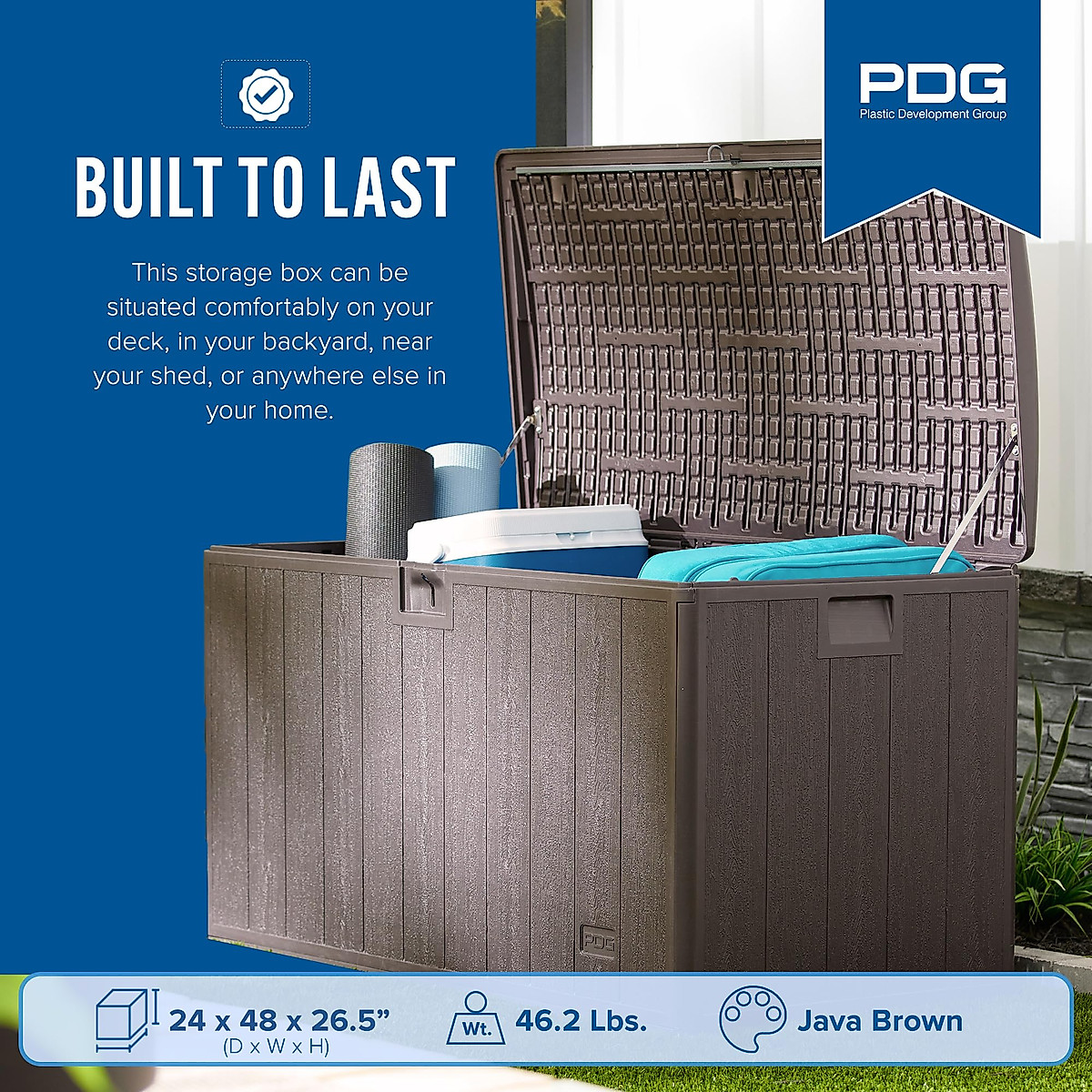 Plastic Development Group 105 Gallon Weatherproof Large Double Wall Plastic Outdoor Patio Storage Deck Box with Soft Close Lid, Java Brown
