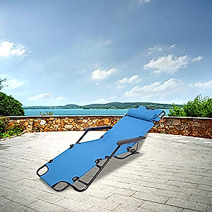 Outdoor Chaise Lounge Chair, Portable Dual Purposes Extendable Folding Reclining Chair for Outside Patio Beach Sunbathing Tanning Pool, Camping Reclining Chair with Shoulder Strap and Pillow, Blue