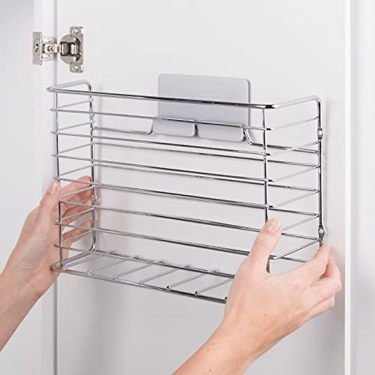 mDesign Metal Hanging Shelf-Adhesive Kitchen Storage Organizer Basket Bin - For Bags, Tin Foil, Wax Paper, Saran Wrap - Hardware Included, Solid Steel, 2 Pack - Chrome