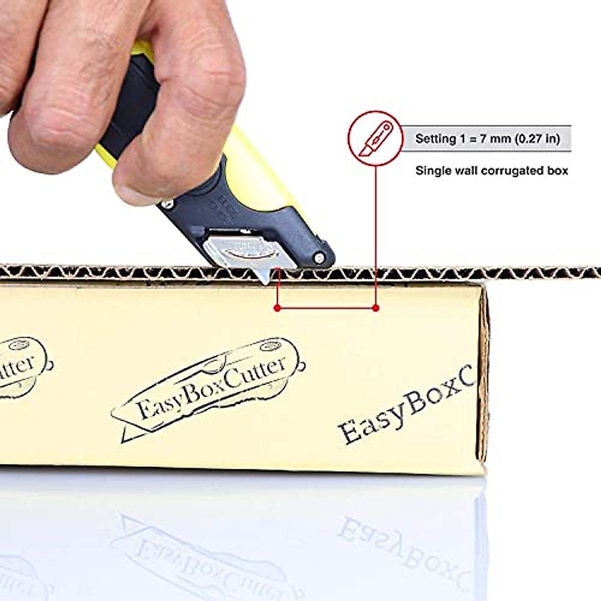 Modern Box Cutter, extra tape cutter at back, dual side edge guide, 3 blade depth setting, 2 blades and holster - Yellow Color 2000N