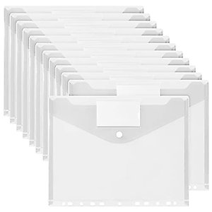 Vobou 12 Pack Plastic Envelopes Clear Binder Pocket 11 Holes Expandable Binder Folders for 2/3/4 Ring Document Pouch, Snap Button and Lable Poly Envelopes for School, Home and Office
