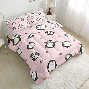 CVHOUSE Cartoon Penguin Bedding Set Twin Cute Animal Pattern Kids Teen Comforter Set 3 Pieces with 1 Comforter + 2 Pillow Cases Decor Comforter Set Cute Penguin Animal Pattern