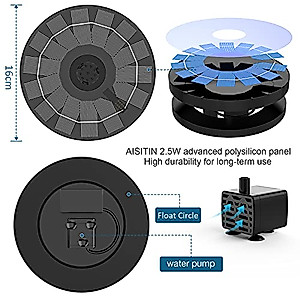 AISITIN 2.5W Solar Bird Bath Fountain Pump, Solar Fountain Pump for Bird Bath with 6 Nozzles, 6.7" Solar Powered Water Fountain Pump for Garden, Ponds, Pool, Fish Tank, Outdoor and Aquarium