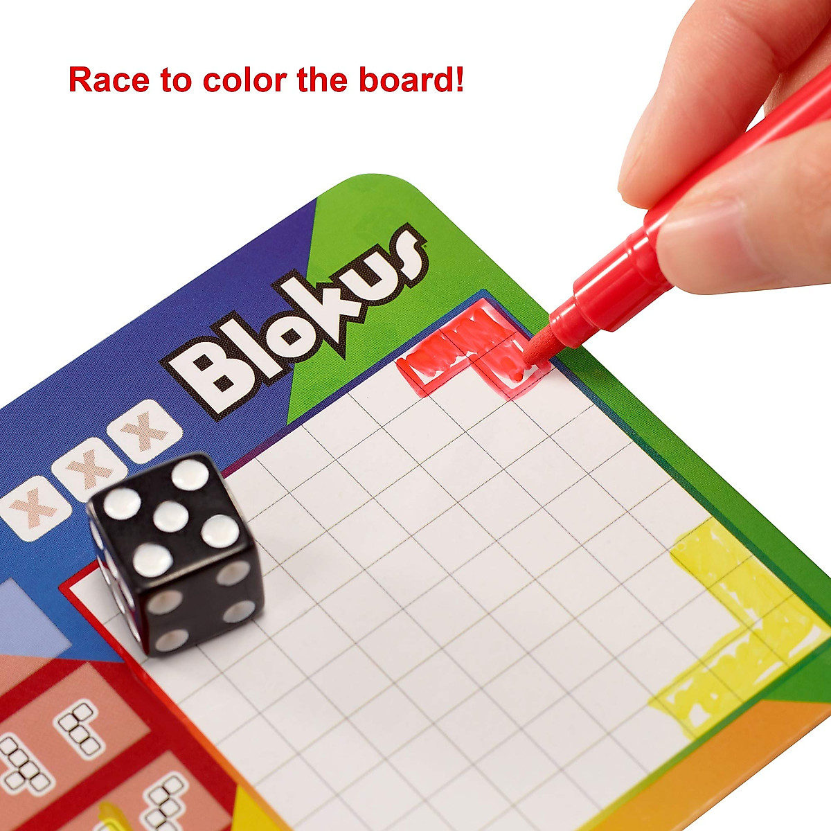Mattel Games Blokus Roll & Write Family Dice Game with 4 Dice, 4 Dry Erase Boards and 4 Markers, Makes a Great Gift for 7 Year Olds and Up