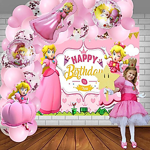 Princess Peach Birthday Party Supplies, Princess Peach Theme Party Decorations, Princess Peach Theme Party Favors Include Garland Arch Kit, Foil Balloon, Backdrop, Tablecloth