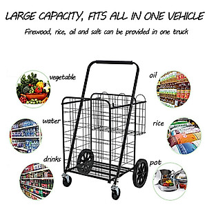 Shopping Cart for Groceries, Folding Grocery Cart with 360° Swivel Wheels & Double Basket, Portable Heavy Duty Utility Cart for Shopping/Laundry-Hold up to 440 Lbs