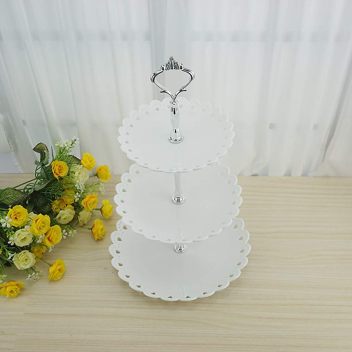 3-Tier White Silver Plastic Dessert Stand Pastry Stand Cake Stand Cupcake Stand Holder Serving Platter for Party Wedding Home Decor-Small-Set of 2