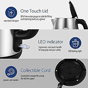 COMFEE' Stainless Steel Cordless Electric Kettle. 1500W Fast Boil with LED Light, Auto Shut-Off and Boil-Dry Protection. 1.7 Liter