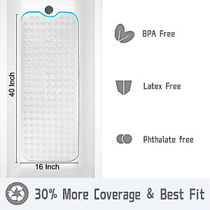 Yimobra Original Bath Tub Shower Mat Extra Long 16 x 40 Inches, Non-Slip with Drain Holes, Suction Cups, Machine Washable, Phthalate Free, Latex Free, BPA Free, Bathroom Mats Clear