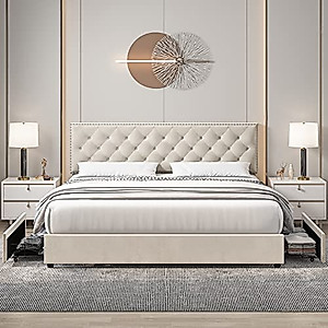 HOSTACK King Size Bed Frame with 4 Storage Drawers, Modern Upholstered Platform Bed with Adjustable Headboard,Button Tufted Bed Frame with Wood Slat Support,No Box Spring Needed(Beige, King)