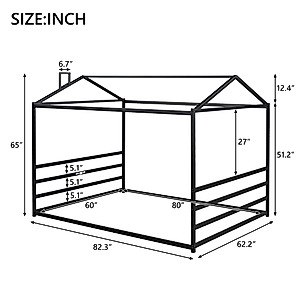 Queen Size House Bed, Metal Montessori Floor Beds for Kids, Steel Cabin/Tent/Canopy Bed Frame for Girls Boys Teens Adults, Black