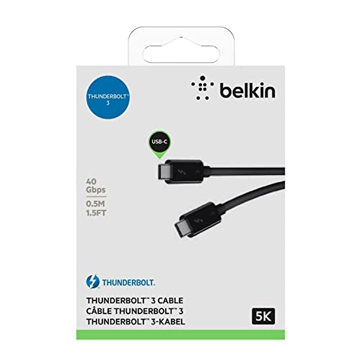 Belkin Thunderbolt 3 Cable (USB-C to USB-C) - USB C Cable For MacBook Air, Galaxy, Apple TV & More, Fast Charging Up To 100W, Made For USB-C, Thunderbolt 3 devices & 5K/Ultra HD - 1.6ft/0.5m - Black