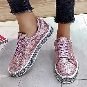 Women's Glitter Sneakers ENVEZ Shiny Lace-up Low Top Fashion Sneaker Bling Non Slip Flats Shoes Ladies Casual Tennis Shoes Outdoor Comfortable Running Walking Shoes A-Pink