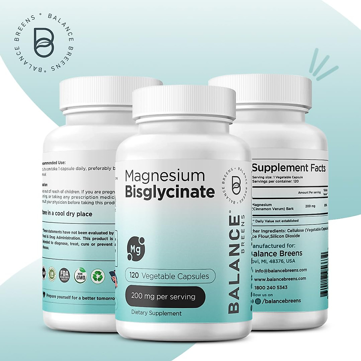Magnesium Bisglycinate 200mg, High Absorption Chelated, 120 Vegan Capsules - Supports Heart Health, Muscle Cramps, Bone Health & Positive Mood