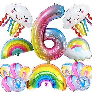 Rainbow Party Decorations, 6th Birthday Decorations for Girls, Number 6 Balloon, Foil Rainbow Balloons, Tassel Pastel Balloons for Six Year Old Birthday Party Supplies Decor Colorful Kids (6th)