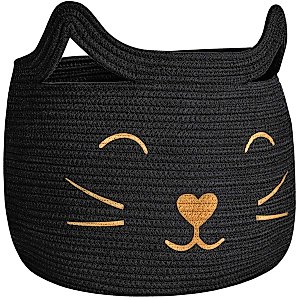 HiChen Large Woven Cotton Rope Storage Basket, Baby Laundry Basket Organizer for Toys, Blanket, Clothes, Towels, Gifts | Pet Gift Baskets for Cat, Dog - 15.7" L×11.8" H, Black