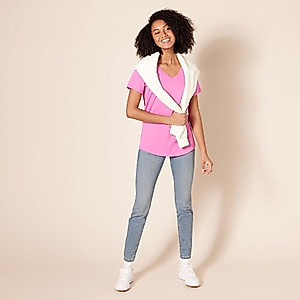 Amazon Essentials Women's Classic-Fit 100% Cotton Short-Sleeve V-Neck T-Shirt (Available in Plus Size), Pack of 2, Light Grey Heather/Bright Pink, Medium