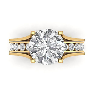 3.39 Carat Round Cut Clear VVS1 Ideal Zircon 14k Yellow Gold Solitaire W/Accents Wedding Anniversary Ring Band Set Size 7.25