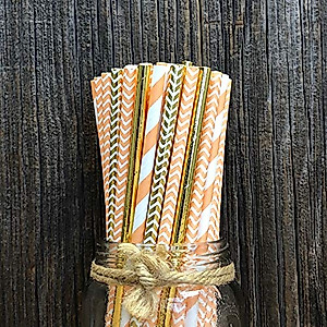 Coral Peach and Gold Foil and Paper Straws - Stripe Chevron - 7.75 Inches - Pack of 100