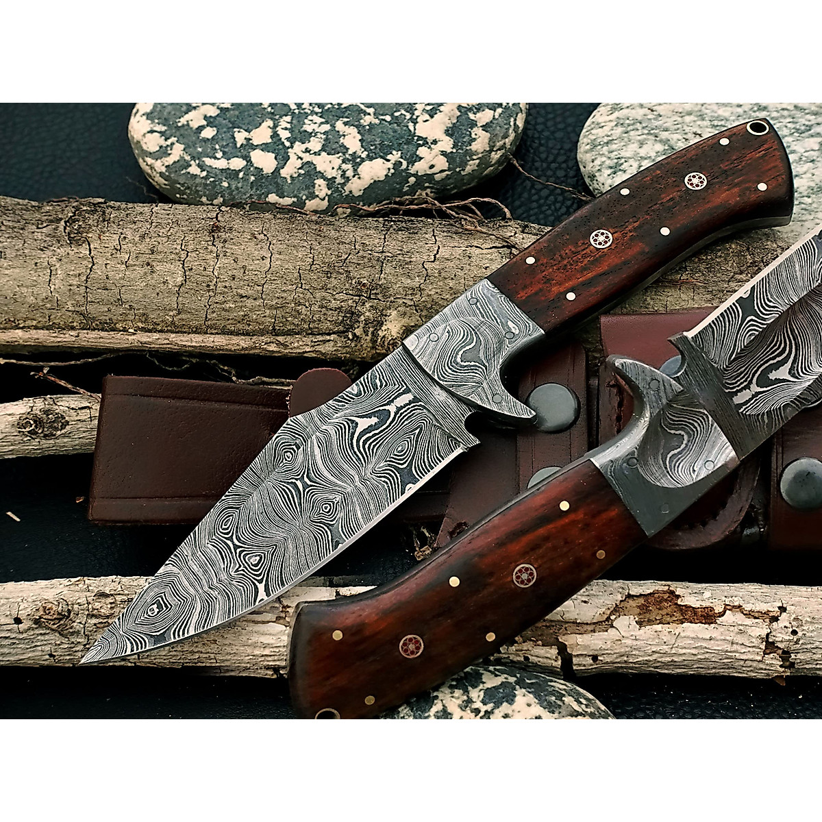 Damascus Steel Hunting Knife Fixed blade knife Damascus Bolster Walnut Wood Handle Mosaic Pin, Bush craft, Outdoor Camping, with Cowhide Leather Sheath – BW-4144