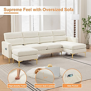 GlasFlength Sectional Couches for Living Room - U Shaped Sectional Comfy Sectional Couches, 4 Seat Sofa Sleeper with Double Chaise for Small & Large Spaces, Modern Home Sofa Set, White