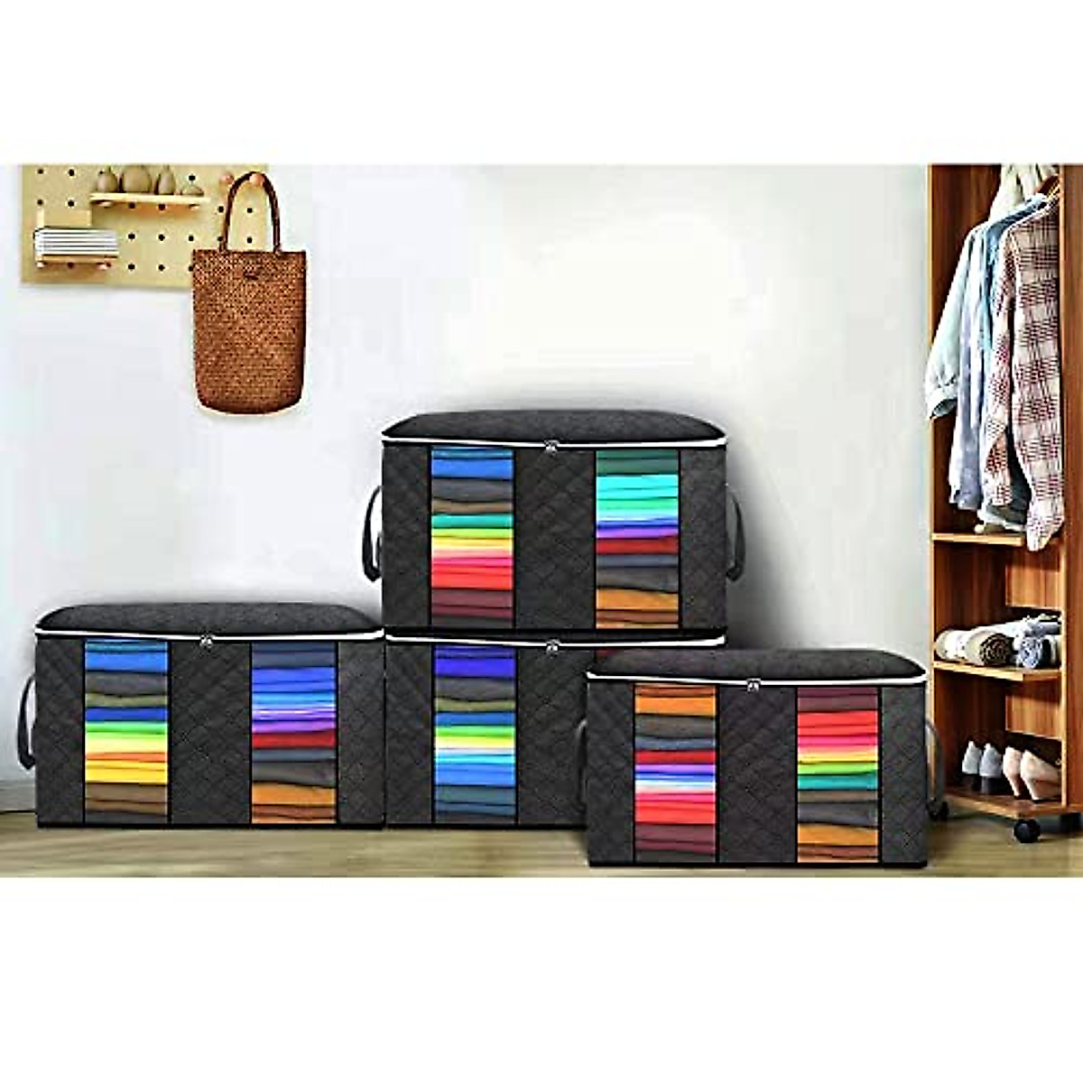 Large Capacity Clothes Storage Bag Organizer with Reinforced Handle Thick Fabric for Comforters, Blankets, Bedding, Foldable with Sturdy Zipper, Clear Window, 3 Pack, 90L (Black)