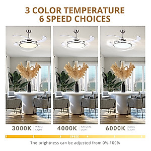 STERREN Retractable Ceiling Fans with Lights,42 Inch Modern Low Profile Bladeless LED Ceiling Fan Lights with Remote Control Smart Brushed Nickel Ceiling Fan for Bedroom Living Room