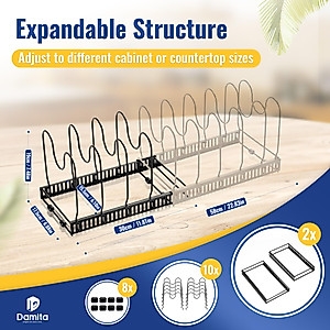 Damita Expandable Pot and Pan Organizer Rack for Cabinet, 2 Pack Pot Lid Holder with 10 Adjustable Compartments - Ideal Kitchen Cabinet Organizer for Cutting Board, Frying Pan, and More (Black)