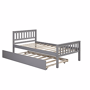HomSof Twin Platform Bed Frame with Headboard and Footboard,for Bedroom Small Living Space, Grey+Trundle