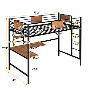 GINGVAT Twin Size Metal Loft Bed with L-Shaped Desk and Shelves,Metal Loft Bed Built-in Ladder and Guardrail,for Bedroom,Apartment,Dorm,Black