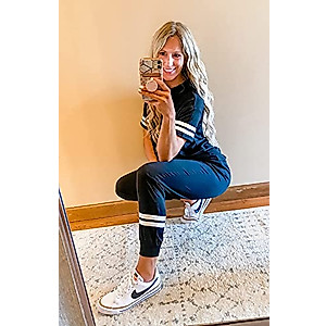 PRETTYGARDEN Women’s Summer Two Piece Outfits Striped Short Sleeve Pullover and Long Pants Tracksuit Pajama Lounge Jogging Set With Pockets (Black, Large)